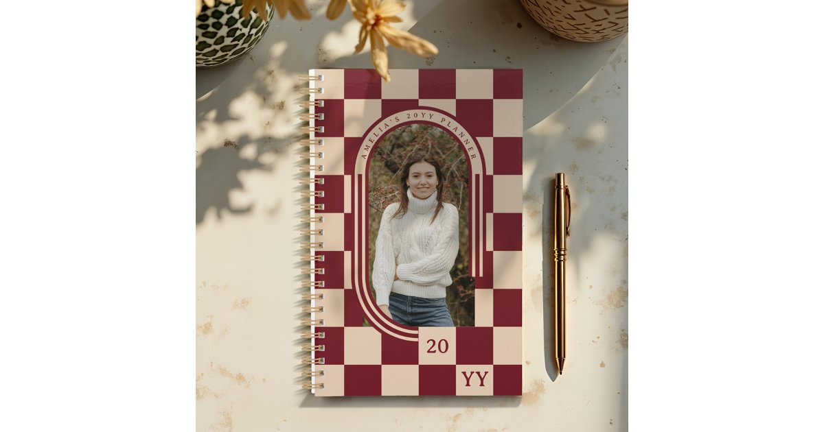Modern Retro Red Checker Pattern Arch Photo Planner | Zazzle