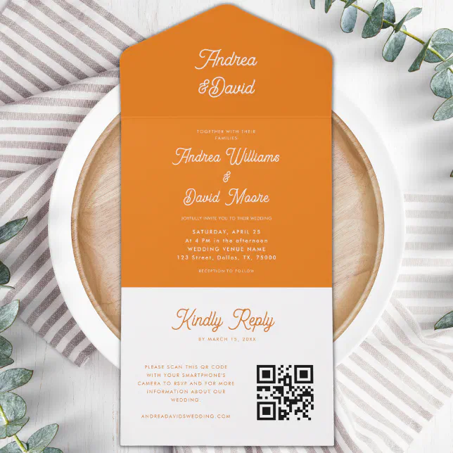 Modern Retro Script Bright Orange QR Code Wedding All In One Invitation ...