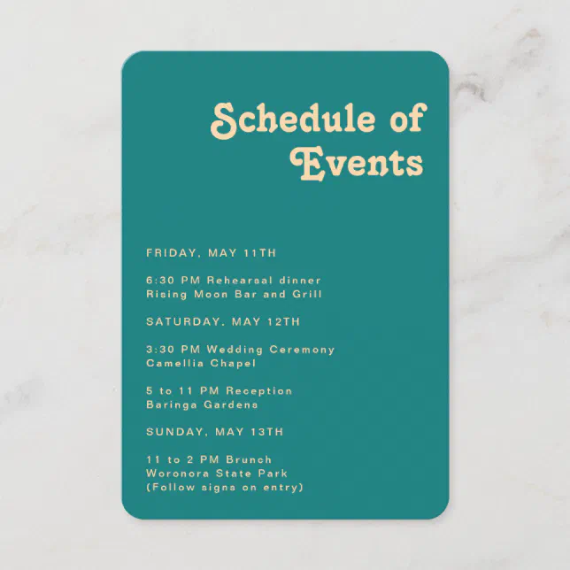 Modern Retro Teal Schedule of Events Rounded Edges Enclosure Card | Zazzle