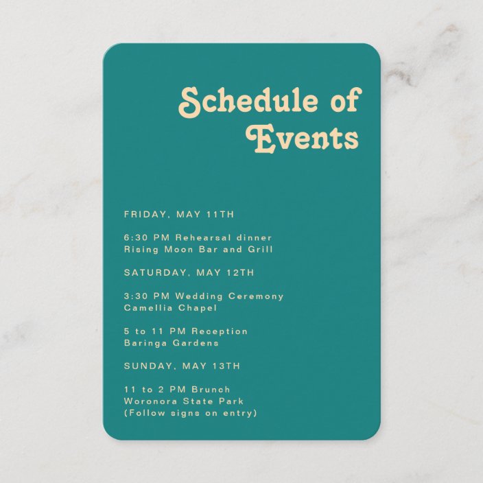 Modern Retro Teal Schedule of Events Rounded Edges Enclosure Card ...