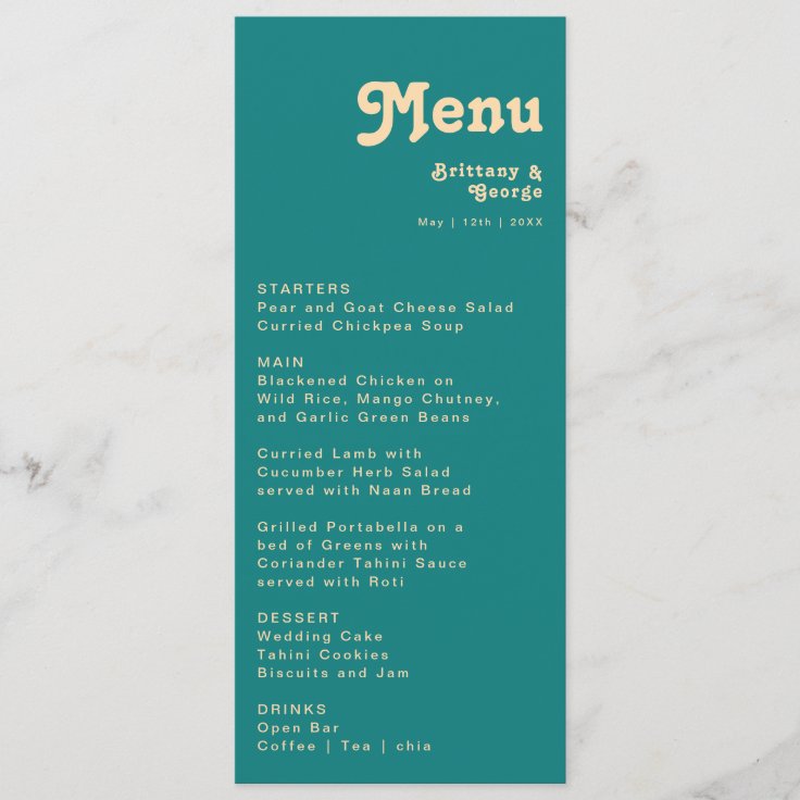 Modern Retro | Teal Wedding Dinner Menu | Zazzle