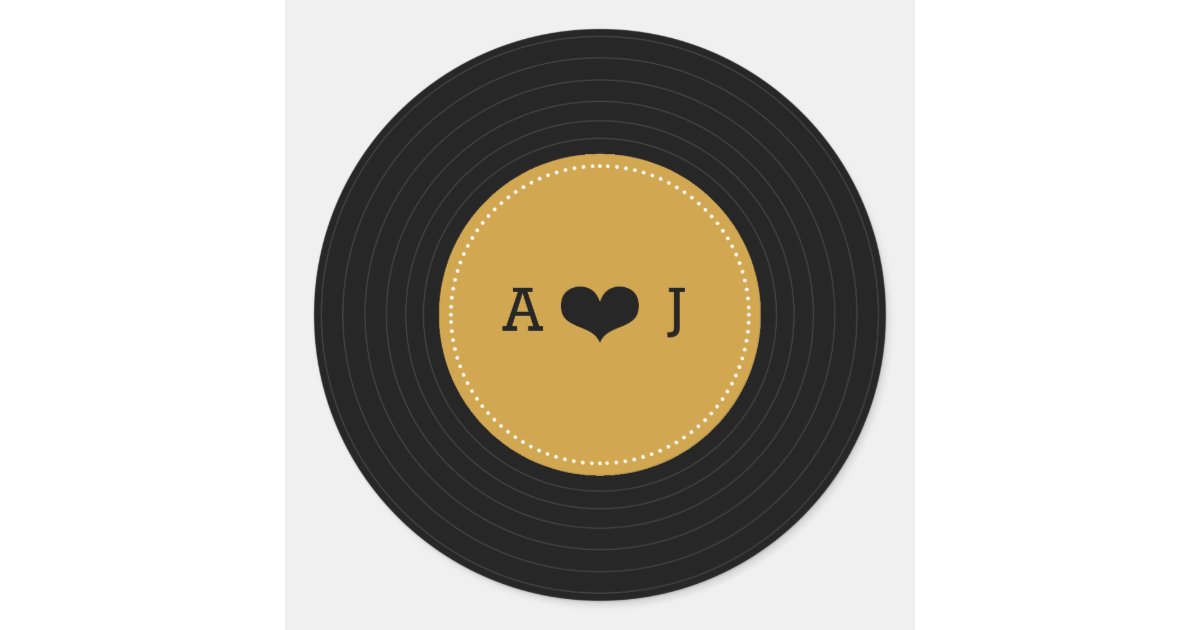 Modern Retro Vinyl Record Wedding (Gold / Black) Classic Round Sticker ...