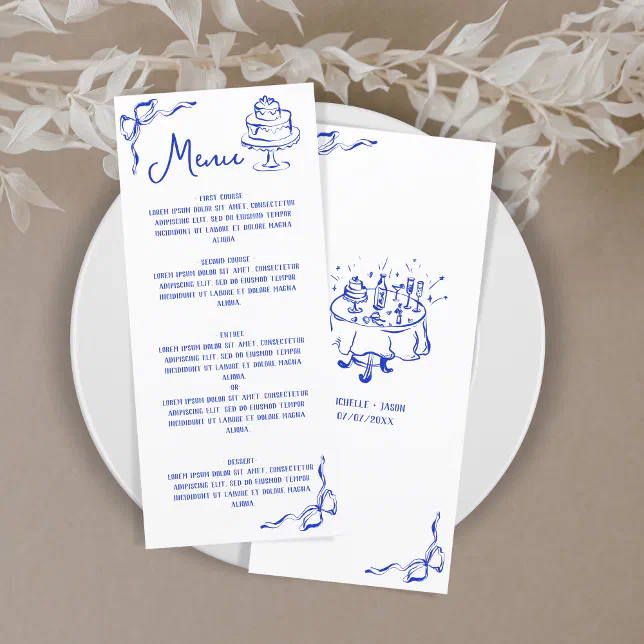 Modern Retro Whimsical Blue Hand Drawn Bow Menu | Zazzle