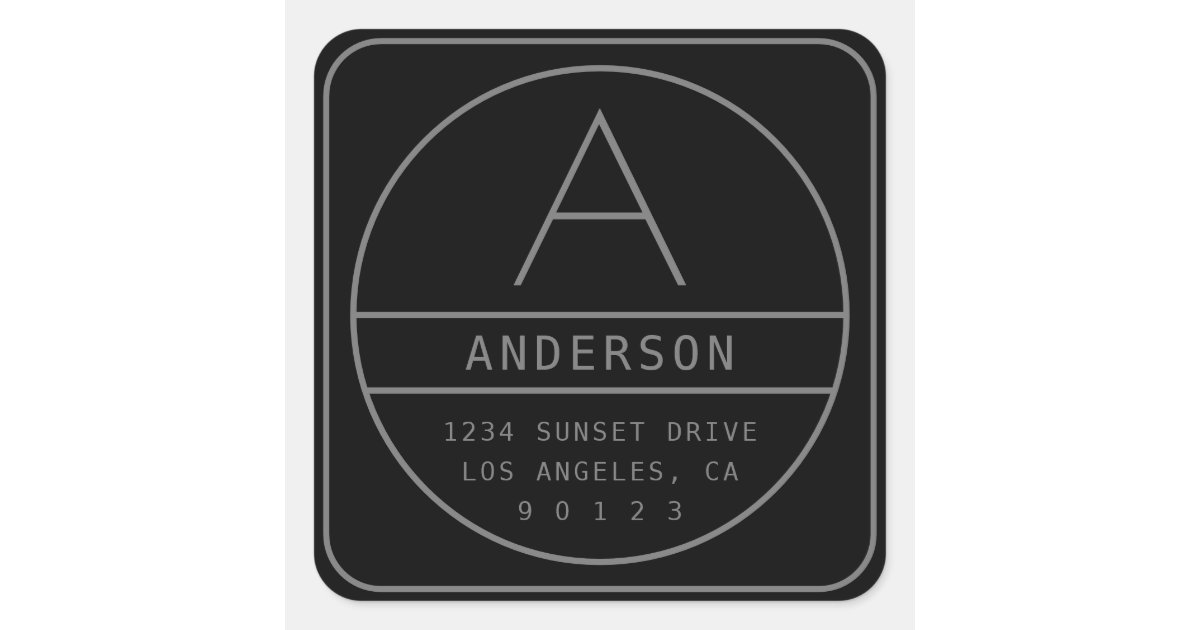 Modern Return Address & Monogram | Black & Grey Square Sticker | Zazzle