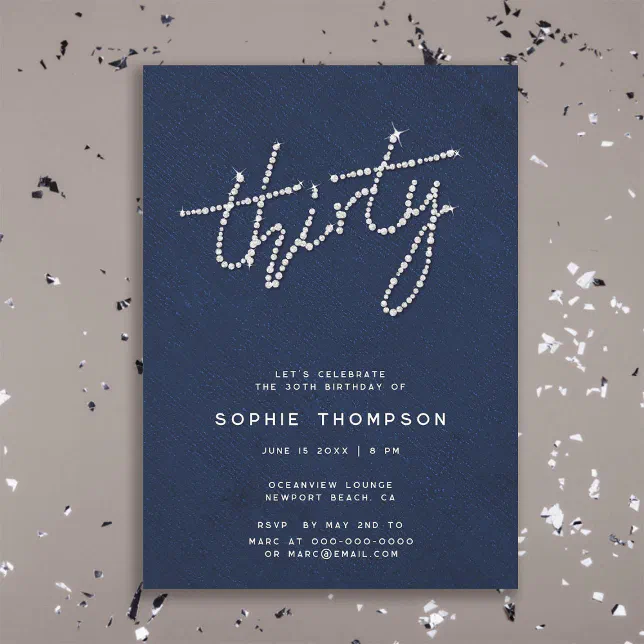 Modern Rhinestones Navy Blue Glam 30th Bday Soiree Invitation | Zazzle