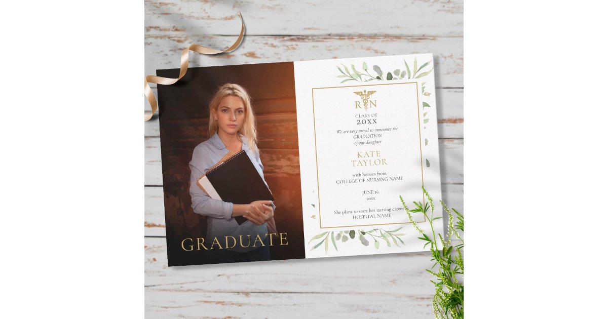 Modern RN Nursing Graduation Greenery Photo Announcement | Zazzle