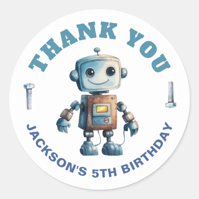 Modern Robot Thank You Kids Birthday Classic Round Sticker | Zazzle