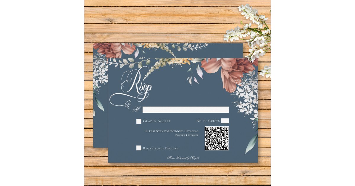 Modern Romantic Blue Garden Floral Wedding QR Code RSVP Card | Zazzle