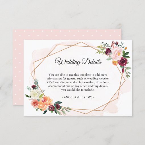 Modern Romantic Floral Wedding Reception Details Enclosure Card | Zazzle