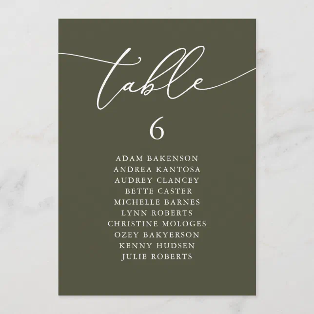 Modern Romantic Guests Seating Chart Table Card | Zazzle