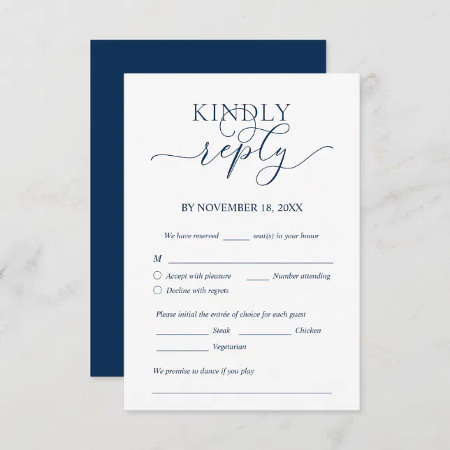 Modern Romantic, Navy Blue, Wedding Dinner RSVP Enclosure Card | Zazzle