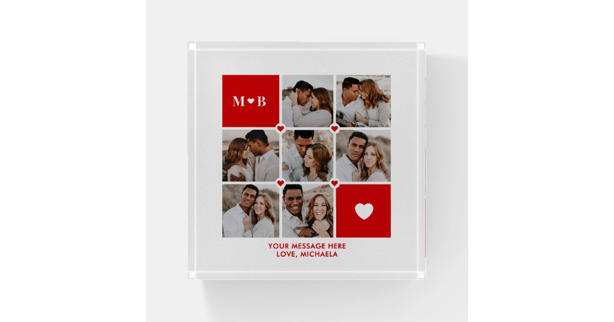 Modern Romantic Photo Collage Custom Message Glass Paperweight | Zazzle