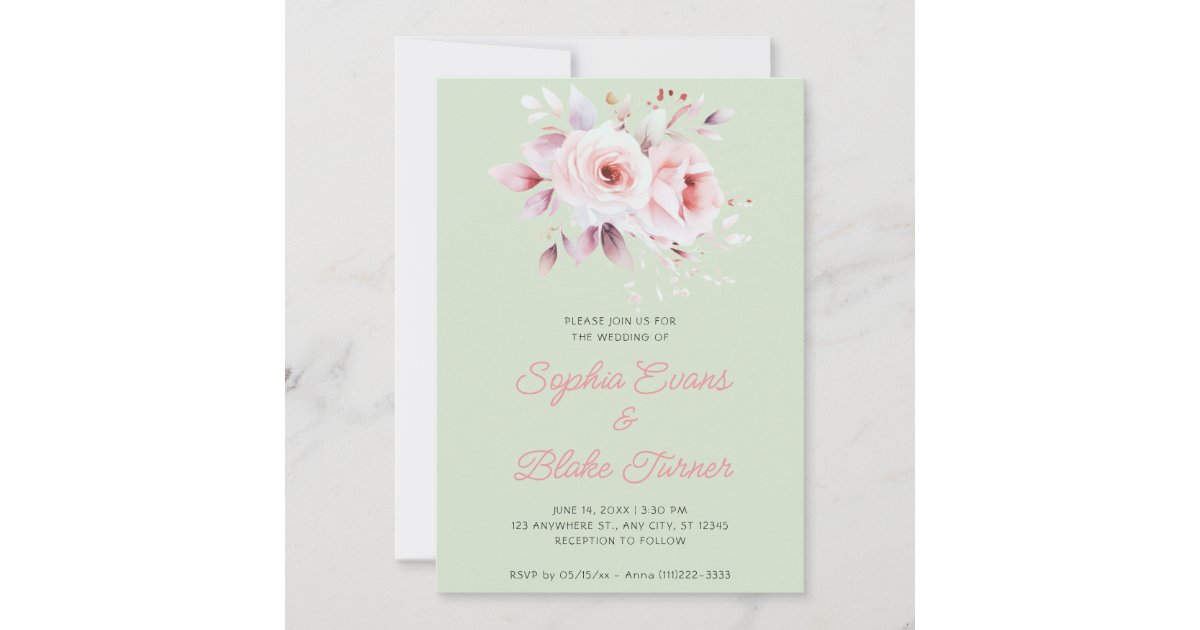 Modern Romantic Pink Roses Light Green Wedding Invitation | Zazzle