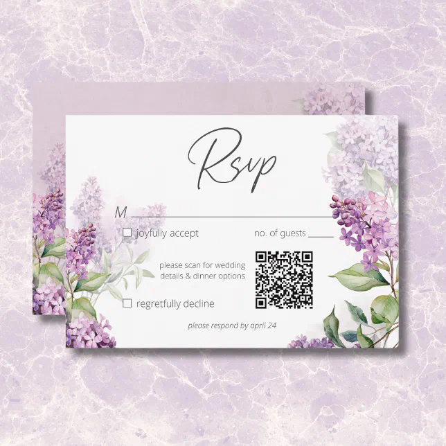 Modern Romantic Purple & Sage Lilacs QR Code RSVP Card | Zazzle