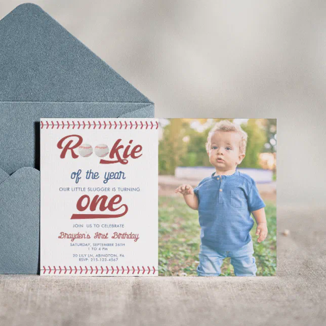 Modern Rookie of the Year Photo Baseball Birthday Invitation | Zazzle