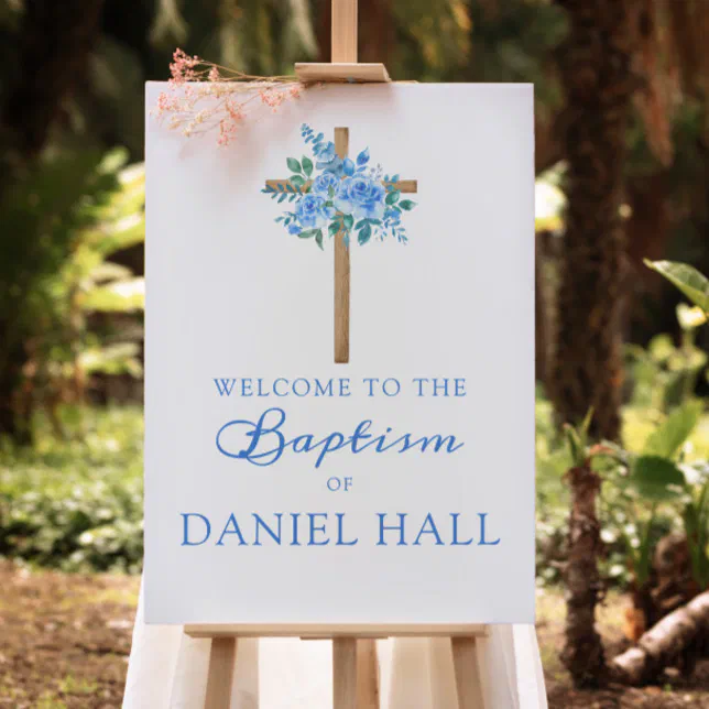 Modern Rose Dusty Blue Cross Baptism Boy Foam Board | Zazzle