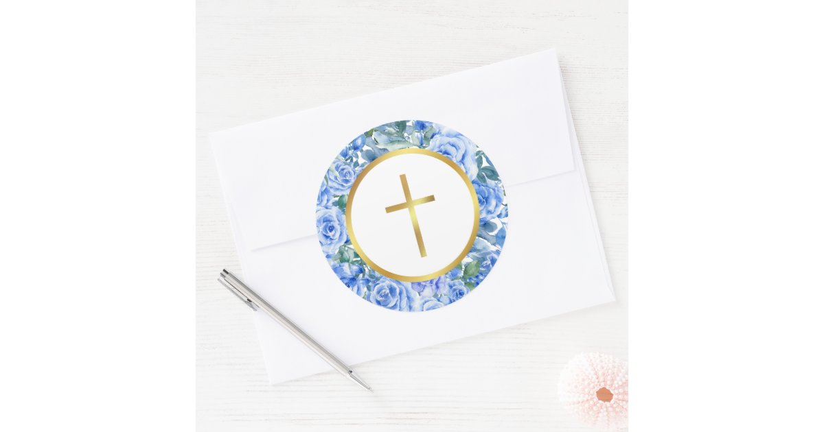 Modern Rose Dusty Blue Watercolor Gold Gross Classic Round Sticker | Zazzle