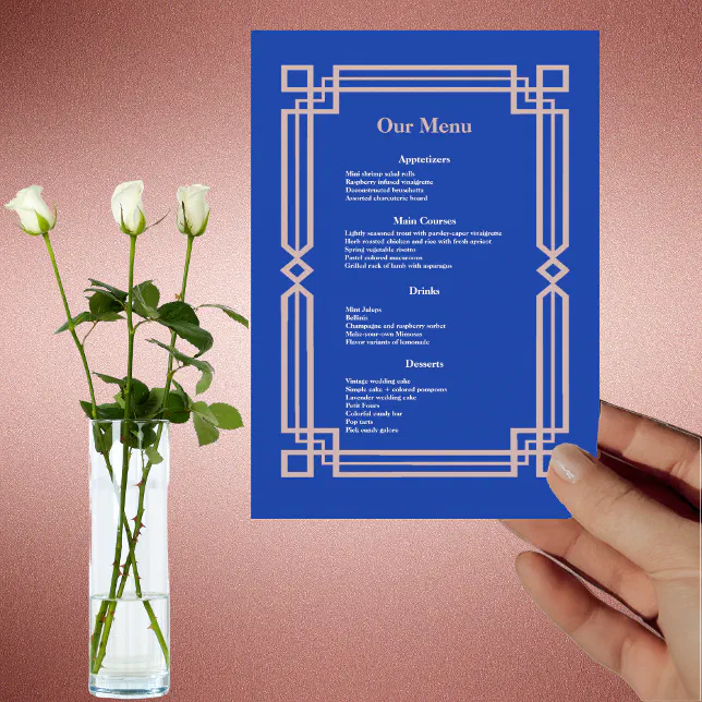 Modern Rose Gold Border Navy Blue Wedding Dinner Menu | Zazzle