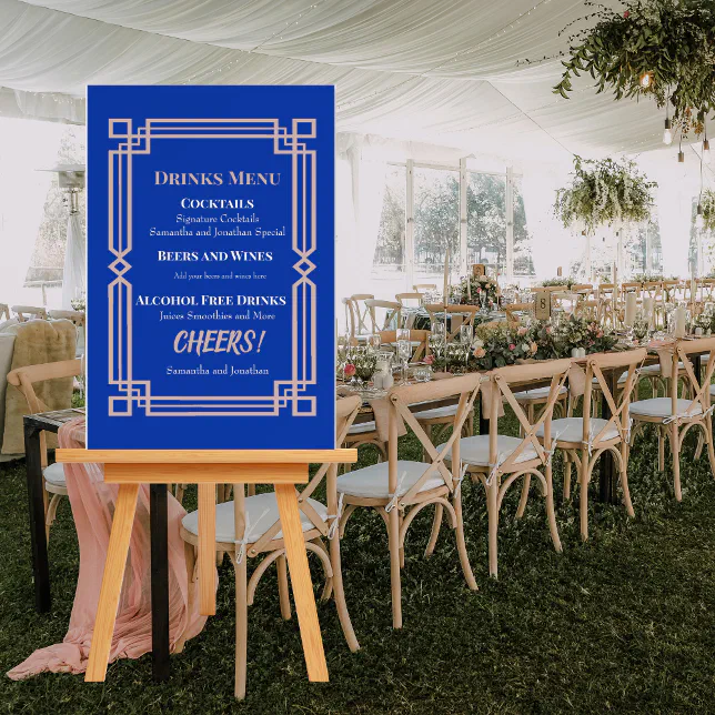 Modern Rose Gold Border on Navy Blue Drinks Menu Foam Board | Zazzle