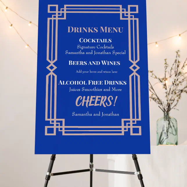 Modern Rose Gold Border on Navy Blue Drinks Menu Foam Board | Zazzle