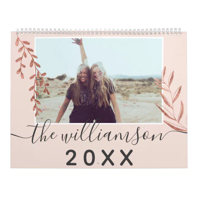 Modern rose gold branch blush pink 13 photo grid calendar | Zazzle