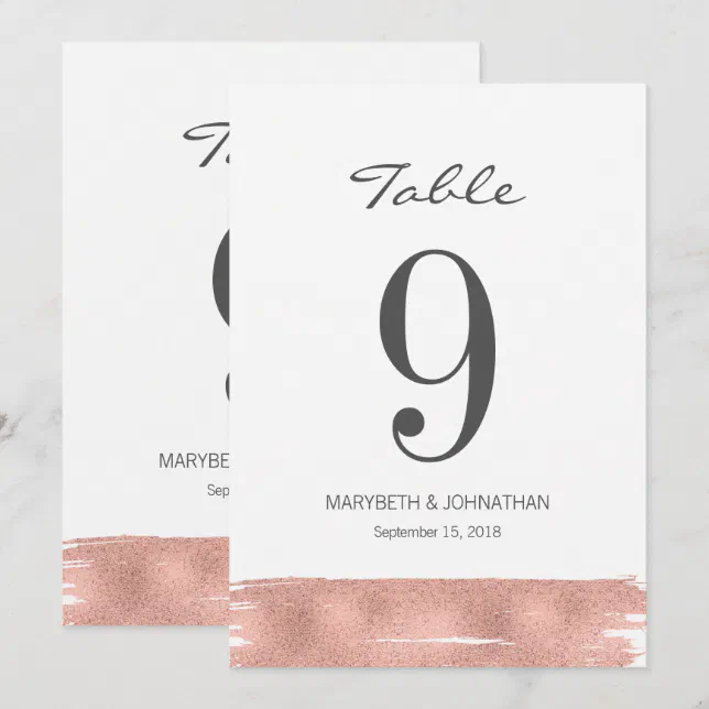 Modern Rose Gold Brush Wedding Table Number Card | Zazzle