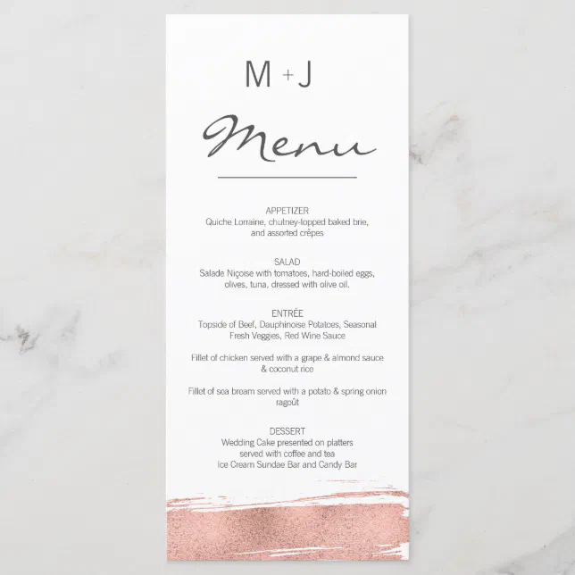 Modern Rose Gold Brushstroke Wedding Menu Card | Zazzle