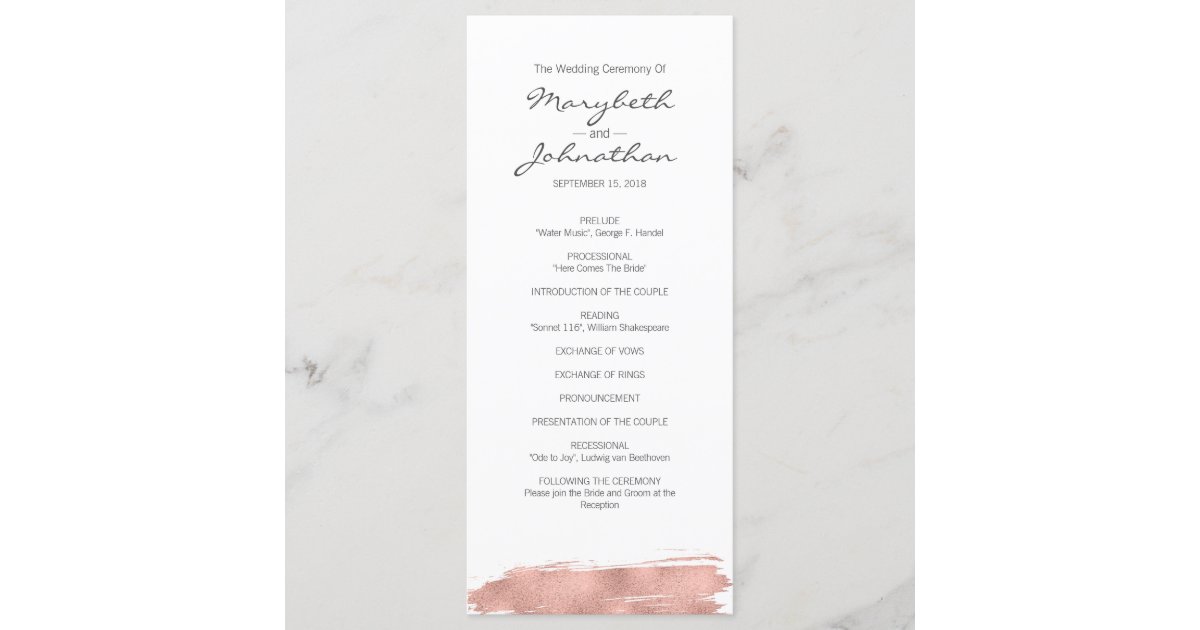 Modern Rose Gold Brushstroke Wedding Program | Zazzle