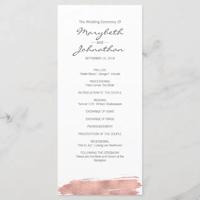 Modern Rose Gold Brushstroke Wedding Program | Zazzle