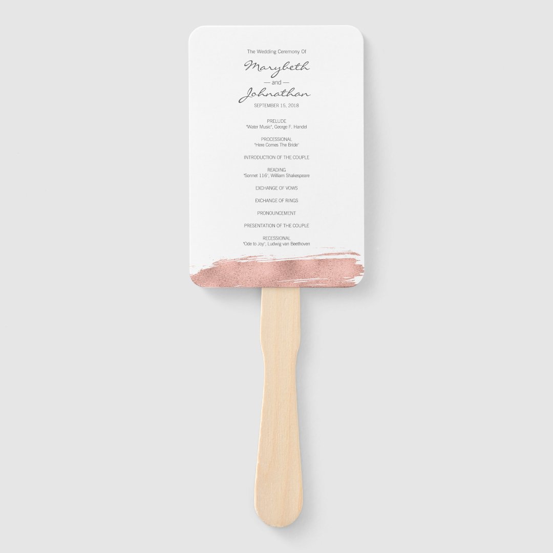 Modern Rose Gold Brushstroke Wedding Program Fan | Zazzle