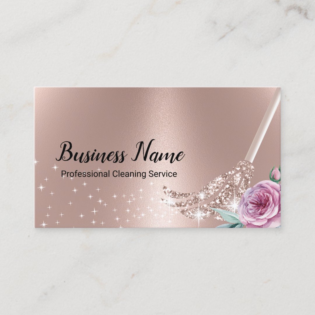 Modern Rose Gold Cleaning Service Floral Mop Business Card | Zazzle
