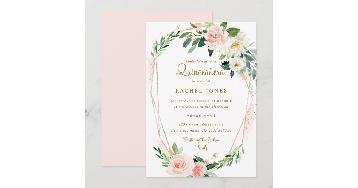 Modern Rose Gold Floral Wreath Quinceanera Invitation | Zazzle