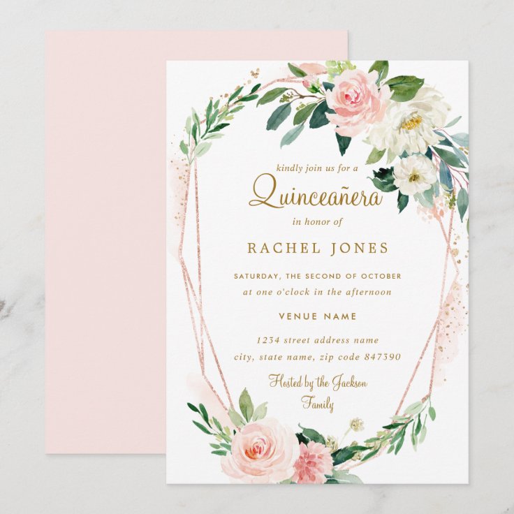 Modern Rose Gold Floral Wreath Quinceanera Invitation | Zazzle