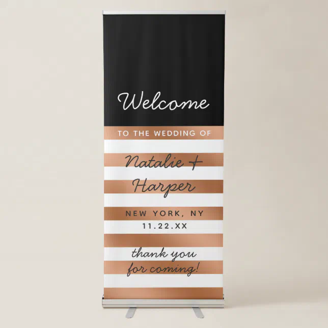 Modern Rose Gold Foil Stripes Chic Wedding Welcome Retractable Banner ...
