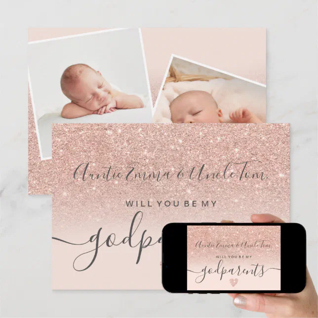 Modern rose gold glitter be my godparents baptism invitation | Zazzle