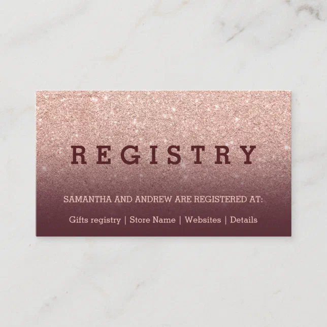 Modern rose gold glitter burgundy wedding registry enclosure card | Zazzle