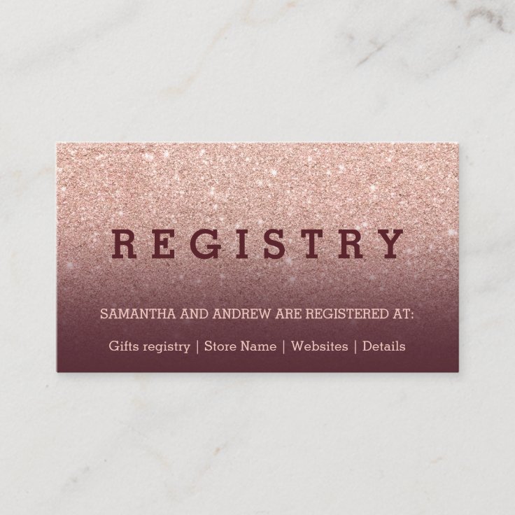 Modern rose gold glitter burgundy wedding registry enclosure card | Zazzle