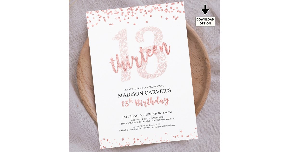 Modern Rose Gold Glitter Confetti 13th Birthday Invitation | Zazzle