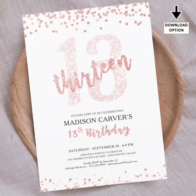 Modern Rose Gold Glitter Confetti 13th Birthday Invitation | Zazzle