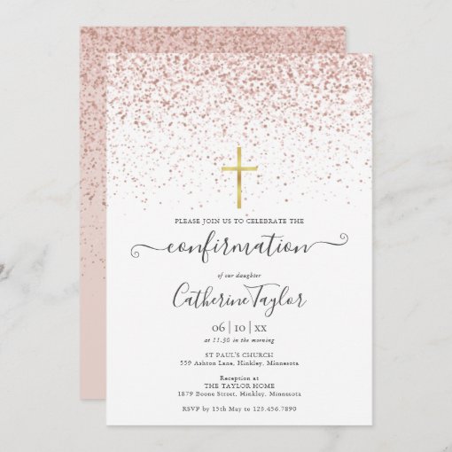 Modern Rose Gold Glitter Confirmation Invitation | Zazzle