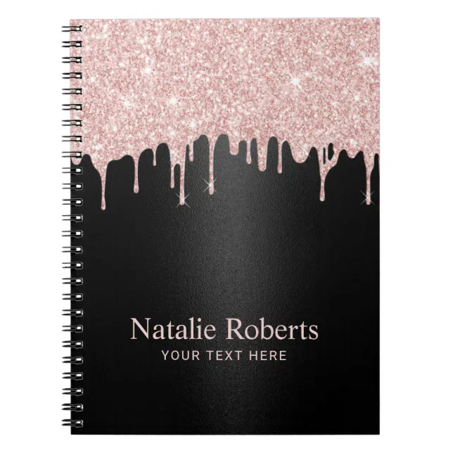 Modern Rose Gold Glitter Drips Black Beauty Salon Notebook | Zazzle