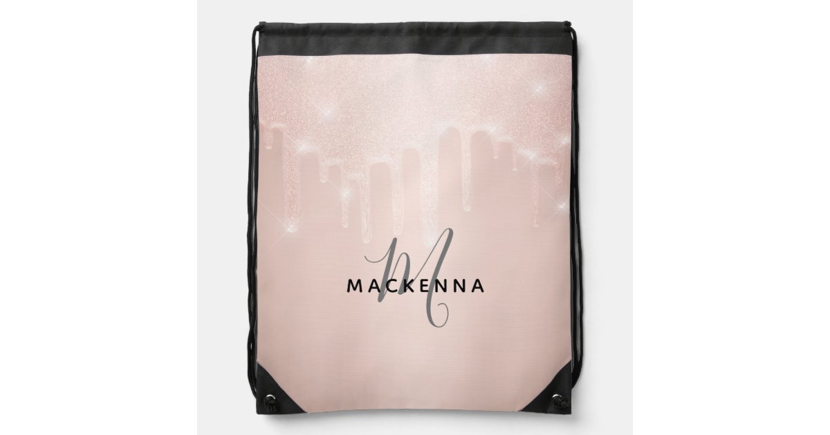 Modern Rose Gold Glitter Drips Chic Girly Monogram Drawstring Bag | Zazzle
