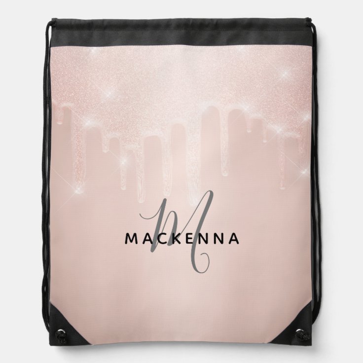 Modern Rose Gold Glitter Drips Chic Girly Monogram Drawstring Bag | Zazzle