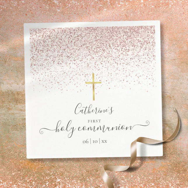Modern Rose Gold Glitter First Holy Communion Napkins | Zazzle