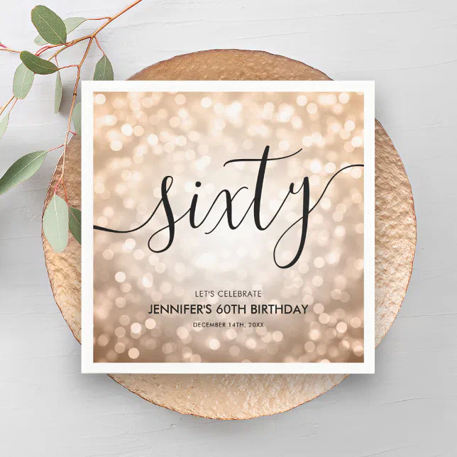 Modern Rose Gold Glitter Lights 60th Birthday Napkins | Zazzle