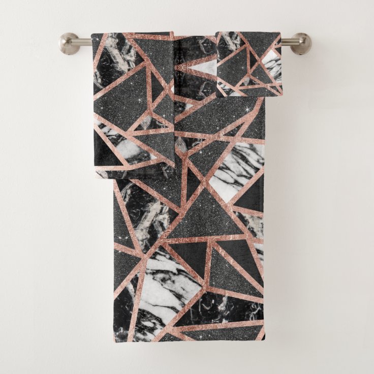 Modern Rose Gold Glitter Marble Geometric Triangle Bath Towel Set | Zazzle