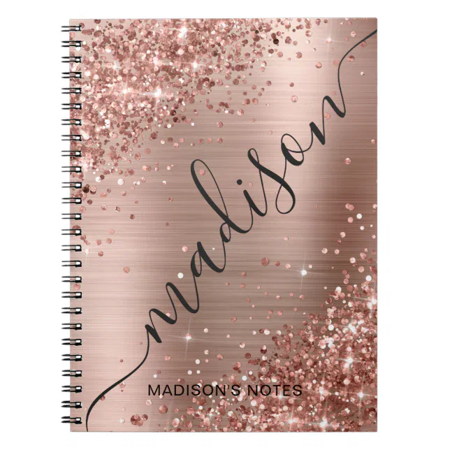 Modern Rose Gold Glitter Metallic Monogram Script Notebook | Zazzle
