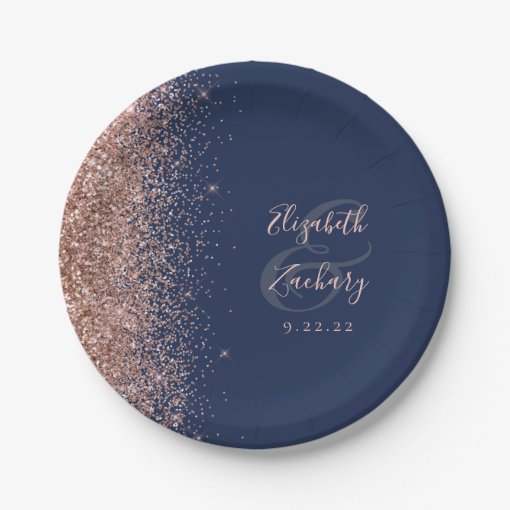 Modern Rose Gold Glitter Navy Blue Wedding Paper Plates | Zazzle