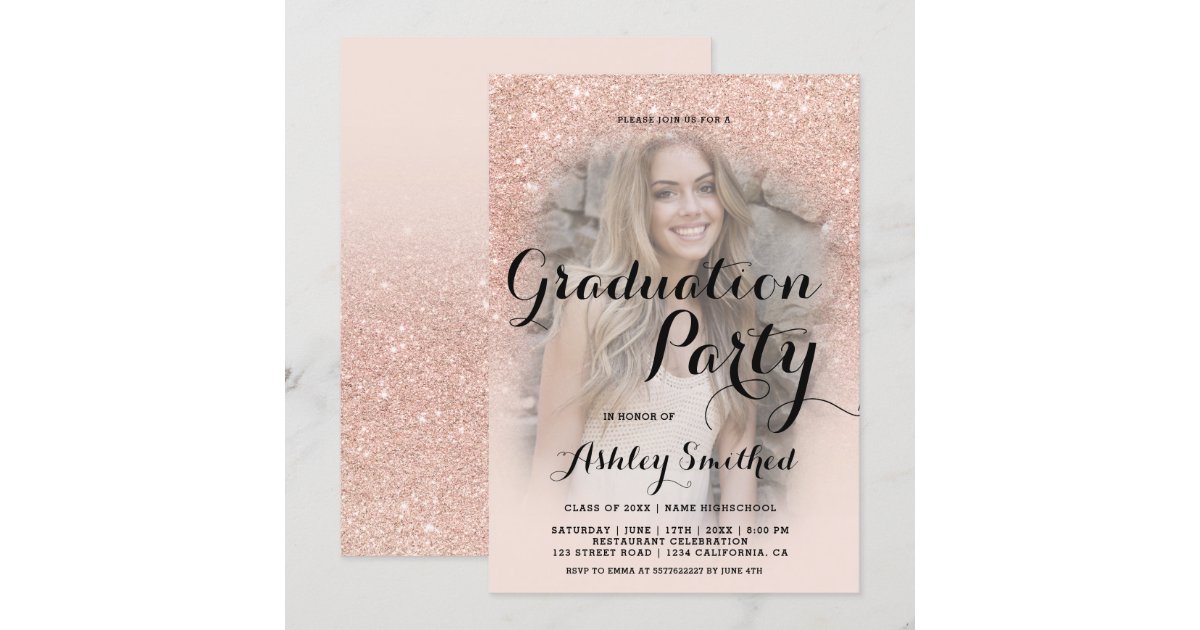 Modern rose gold glitter ombre photo graduation invitation | Zazzle.com