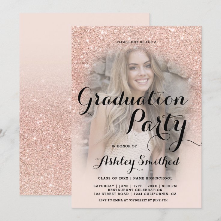 Modern rose gold glitter ombre photo graduation invitation | Zazzle